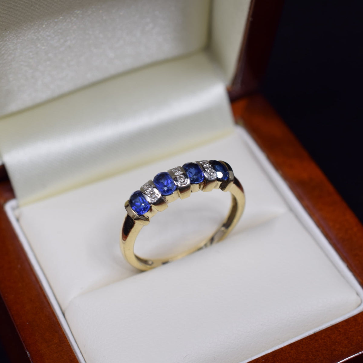 Vintage 9ct Gold Blue Sapphire and Diamond Bar Set Ring - Regarde Jewellers