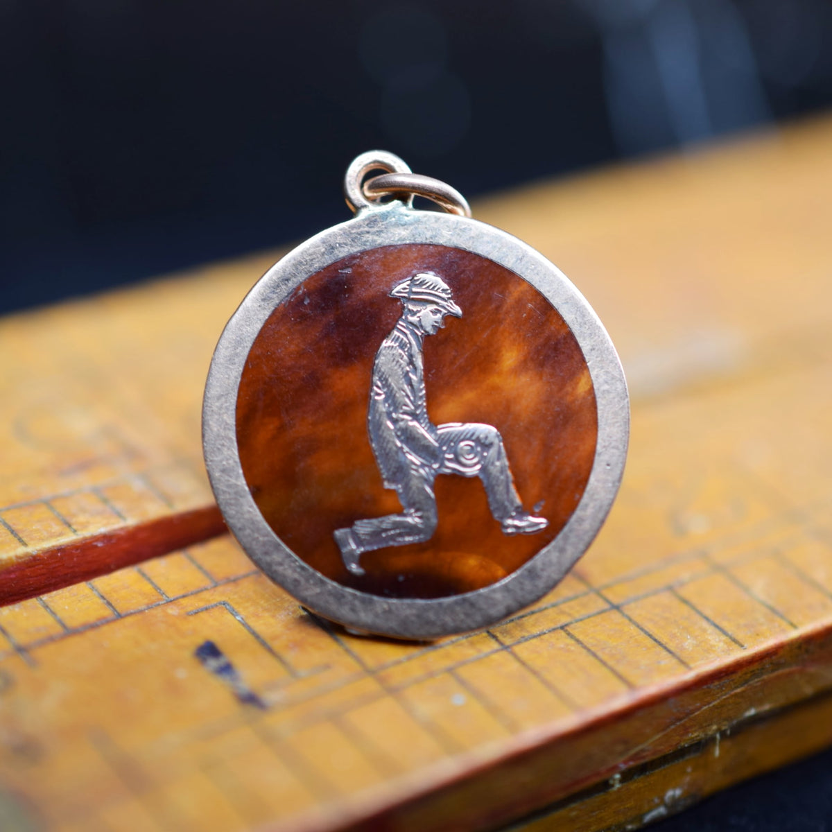 Edwardian 9ct Rose Gold Tortoise Shell Pendant of A Man Playing Bowls ...